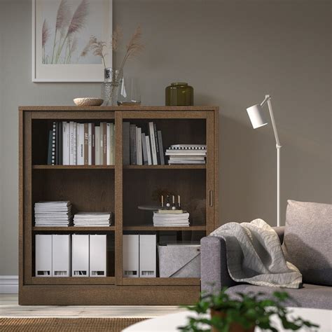 Tonstad Cabinet With Sliding Glass Doors Brown Stained Oak Veneer