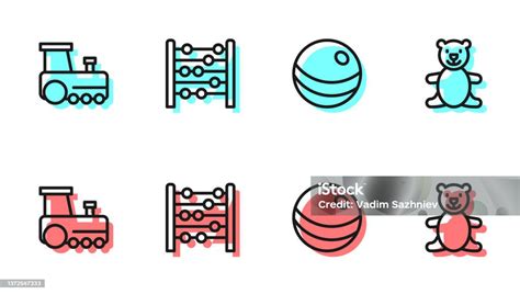 세트 라인 비치 볼 장난감 기차 아바쿠스와 테디 베어 봉제 인형 아이콘 벡터 계산기에 대한 스톡 벡터 아트 및 기타 이미지 계산기 교육 교통수단 Istock