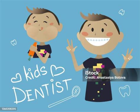 당근을 먹는 귀여운 만화 소년 아이는 평화의 제스처를 보여줍니다 치과 검사 소아 치과에 대한 벡터 일러스트레이션 건강 진단에 대한 스톡 벡터 아트 및 기타 이미지 Istock