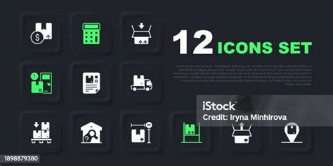 Unboxing 골판지가 있는 위치 운송장 창고 내부 상자 택배 서비스 수표 계산기 및 판지 측정 아이콘을 설정합니다 벡터 개봉에 대한 스톡 벡터 아트 및 기타 이미지