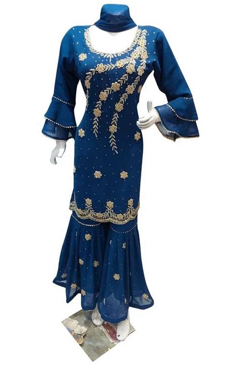 Georgette Ladies Embroidered Sharara Suit Blue And Golden At Best