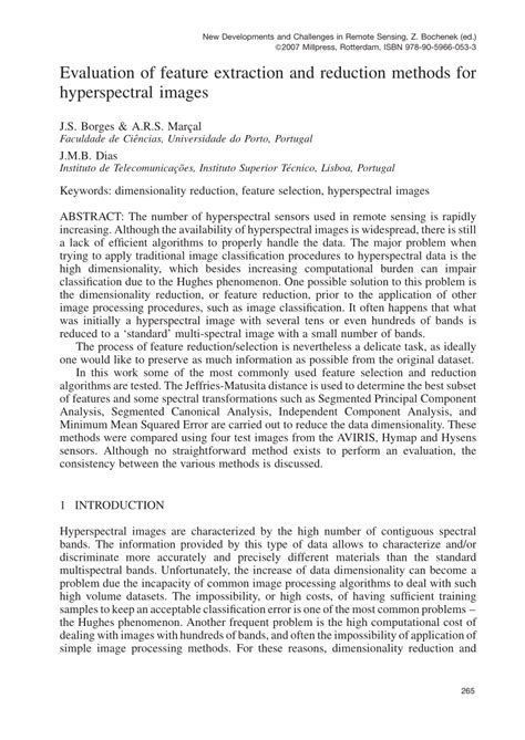 Pdf Evaluation Of Feature Extraction And Reduction Methods For Hyperspectral Images