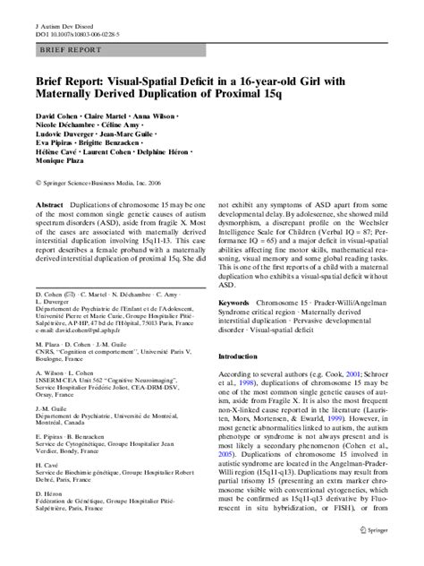 Pdf Brief Report Visual Spatial Deficit In A 16 Year Old Girl With