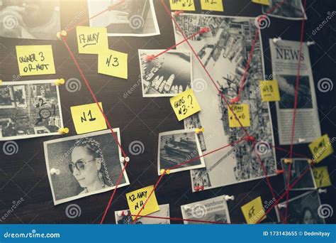 Detective Board With Crime Scenes Photos Of Suspects And Victims