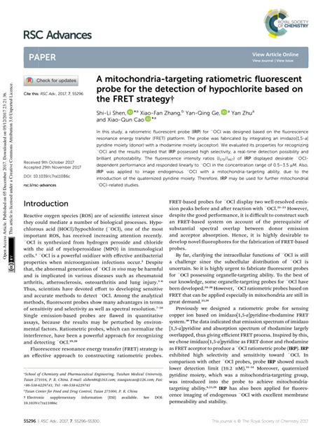 Pdf A Mitochondria Targeting Ratiometric Fluorescent Probe For The Detection Of Hypochlorite