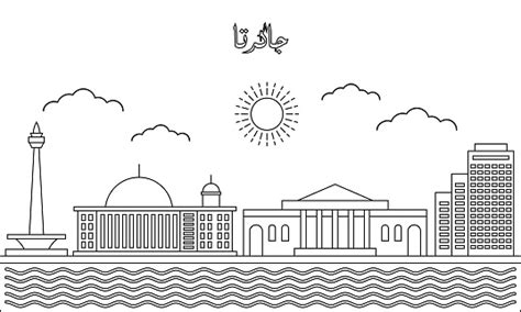 자카르타 스카이라인 벡터 그림의 한 라인 아트 그림 여행 및 랜드마크 벡터 일러스트레이션 디자인 개념 현대 도시 디자인 벡터입니다 아랍어 번역 자카르타 0명에 대한 스톡