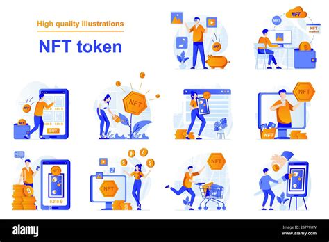 Nft Token Web Concept With People Scenes Set In Flat Style Bundle Of Non Fungible Tokens