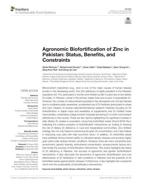 Pdf Agronomic Biofortification Of Zinc In Pakistan Status Benefits