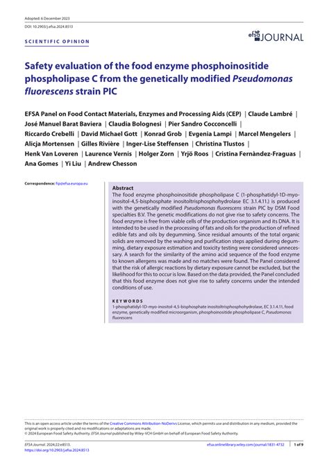 Pdf Safety Evaluation Of The Food Enzyme Phosphoinositide Phospholipase C From The Genetically