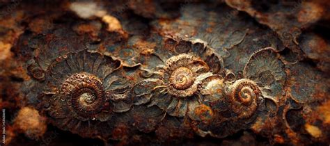 elaborate and unique calcified ammonite sea shell spirals embedded into rock prehistoric
