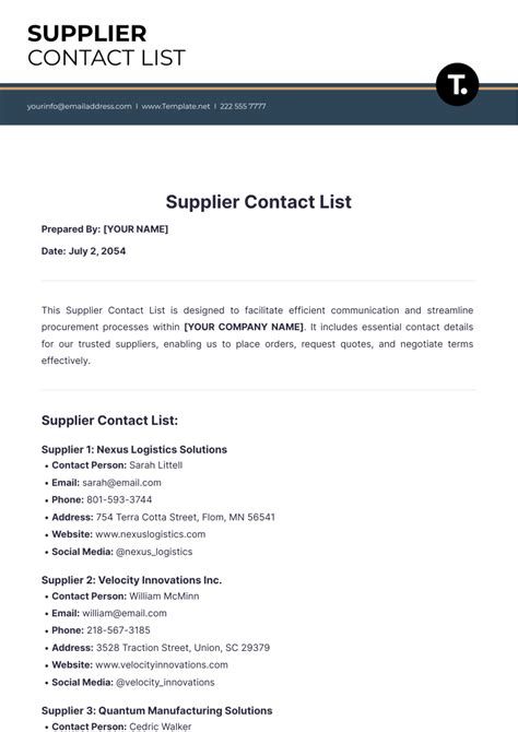 Free Supplier Contact List Template To Edit Online