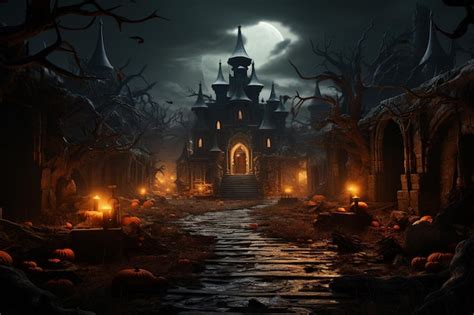 Premium Ai Image Halloween Background With Pumpkins And Haunted House