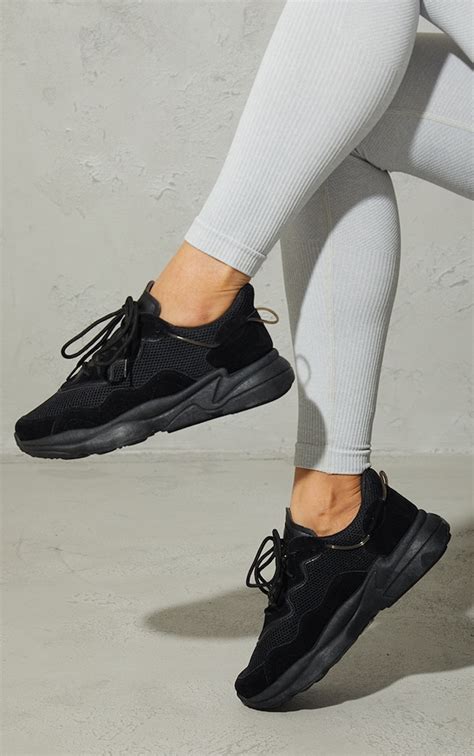 Black Mesh Contrast Lace Up Bubble Sole Trainers Footwear