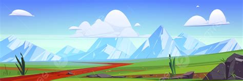 Cartoon Nature Mountain Landscape With Rural Dirt Road Going Along