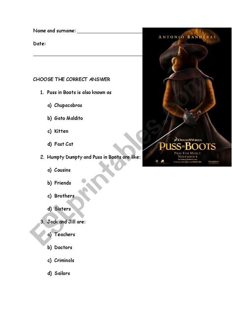 Puss In Boots ESL Worksheet By Hectorteacher68