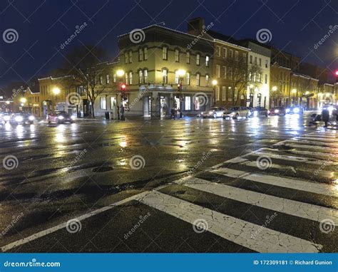 Rainy Night In Georgetown Of Washington Dc Editorial Photo Image Of