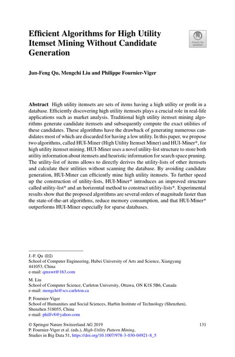 Pdf Efficient Algorithms For High Utility Itemset Mining Without