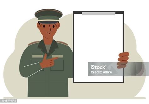 군복을 입은 한 남자가 텍스트를 넣을 공간이 충분한 큰 클립보드를 들고 있다 벡터 군대에 대한 스톡 벡터 아트 및 기타 이미지