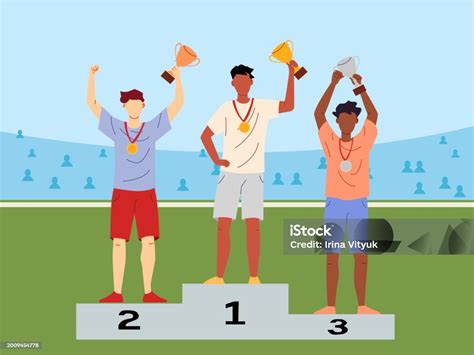 남자의 벡터 일러스트 레이 션은 수상 수상자 연단에 서서 우승자 컵을 들고 있습니다 3위에 대한 스톡 벡터 아트 및 기타 이미지