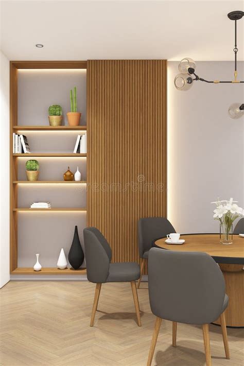 3d Render Of Bookshelf At Corner Dining Room Interior Design Set 9 Stock Illustration