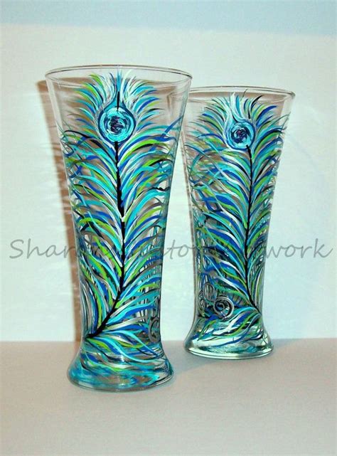 Peacock Feather Hand Painted Beer Glasses 2 19 Oz Flared Tall Painted