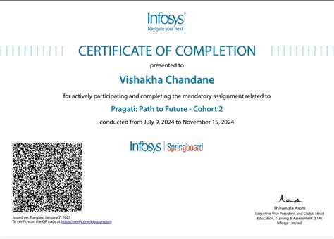 I Am Excited To Share The Completion Certificate Of Infosys Springboard Pragati Path Of Future