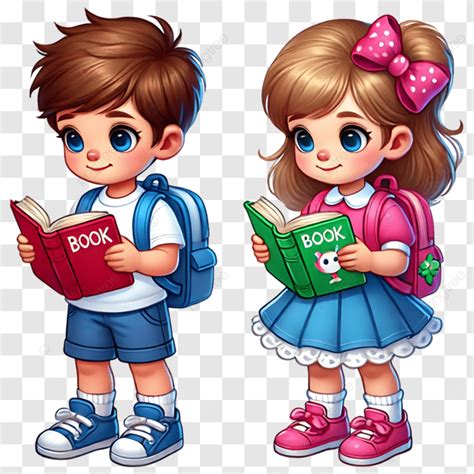 Niños De Dibujos Animados Lindos Leyendo Libros Listos Para La Escuela