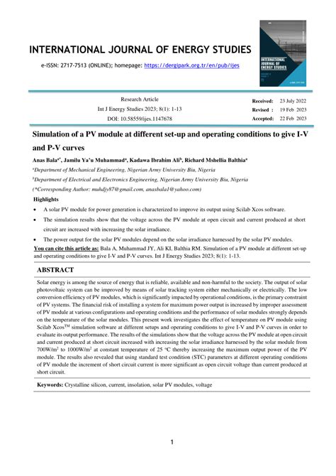 Pdf Simulation Of A Pv Module At Different Set Up And Operating Conditions To Give I V And P V