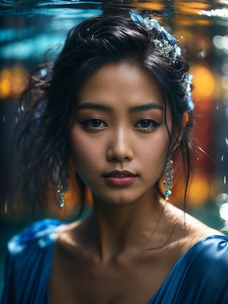 Premium Ai Image An Asian Girl In A Blue Dress In The Water