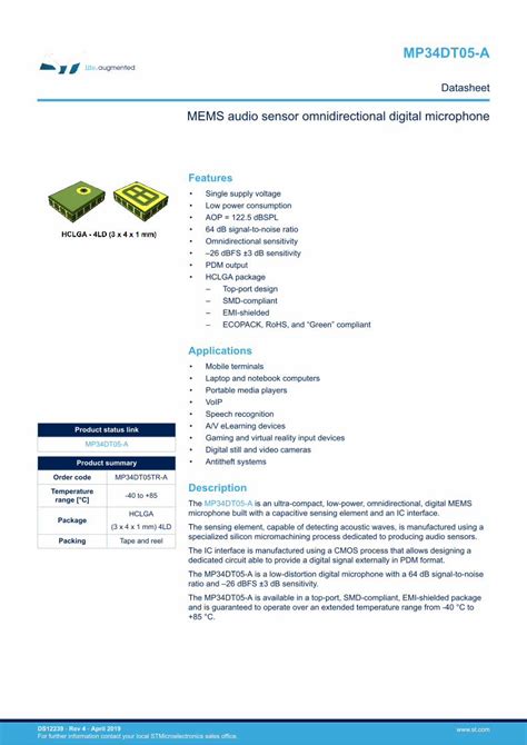 PDF Datasheet MP DT A MEMS Audio Sensor Omnidirectional Ton Turn On Time