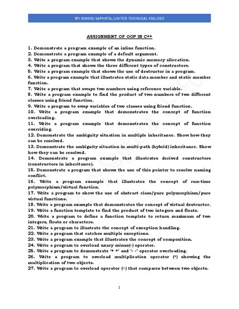 Assignments Oop In Cpp Best 1 By Manoj Sapkota United Technical