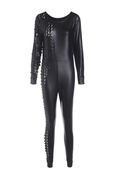2018 Sexy Womens Scoop Neck Black Pu Leather Long Sleeve Jumpsuit