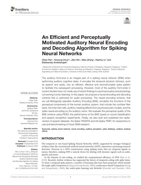 Pdf An Efficient And Perceptually Motivated Auditory Neural Encoding