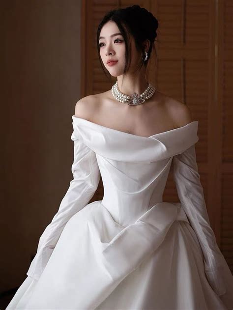 Off The Shoulder Crepe Back Satin Wedding Dress With Super Long Sleeves
