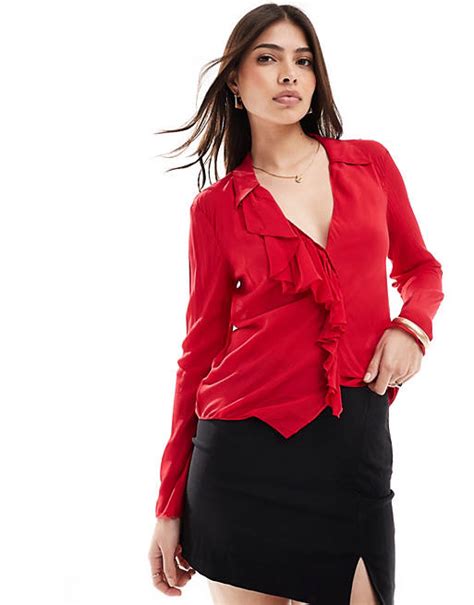 Mango Blouse Met Ruches Aan De Voorkant In Rood Asos