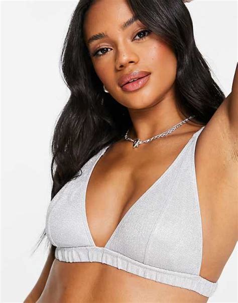 Lost Ink Glitter Metallic Triangle Bralette In Silver Asos
