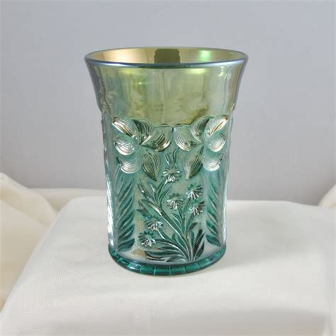 Antique Imperial Tiger Lily Teal Aqua Carnival Glass Tumbler Carnival