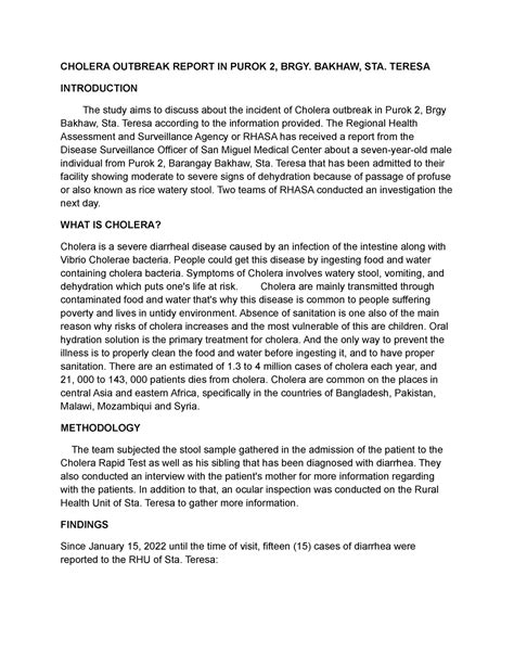 Cholera Outbreak Report In Purok 2 Cholera Outbreak Report In Purok 2 Brgy Bakhaw Sta