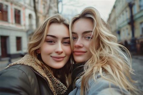 Premium Photo Blonde Girl And Friend Take Selfies On Spring Day