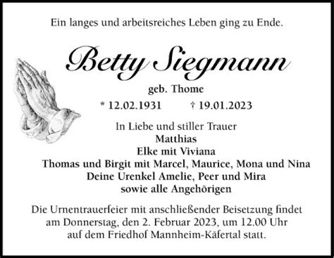 Traueranzeigen Von Betty Siegmann Trauerportal Ihrer Tageszeitung