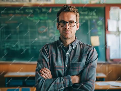 Premium Photo A Man In Glasses Standing In Front Of A Blackboard