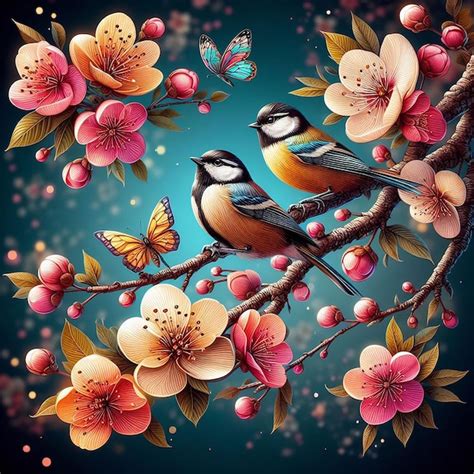 Premium Psd Cute Bird On Breach Flower Tree On Colorful Background