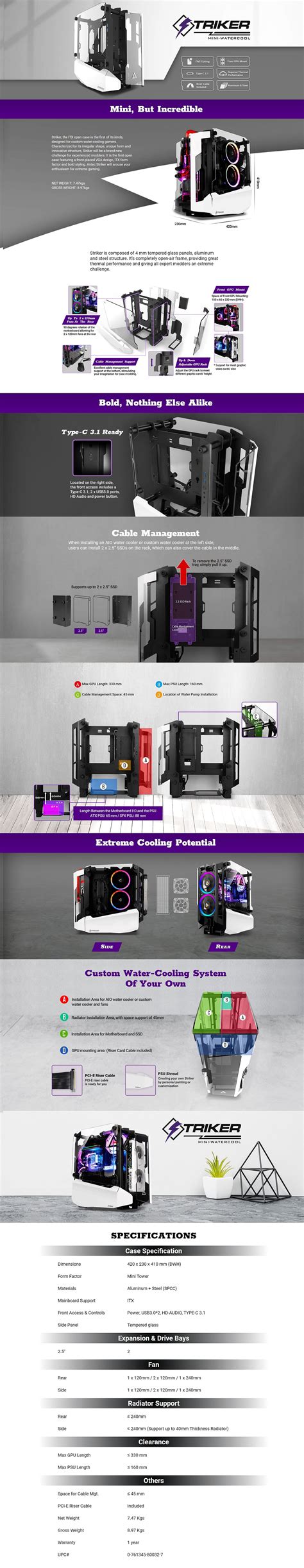 Antec Mini Itx Tempered Glass Side Panel Gaming Case White