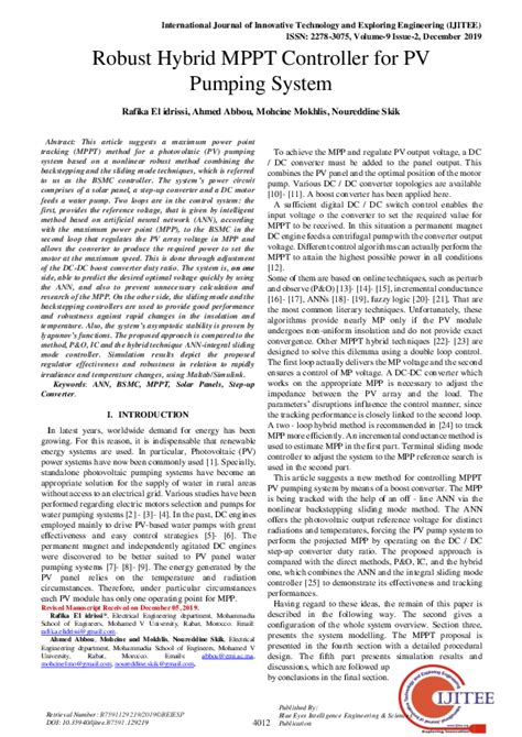 Pdf Robust Hybrid Mppt Controller For Pv Pumping System