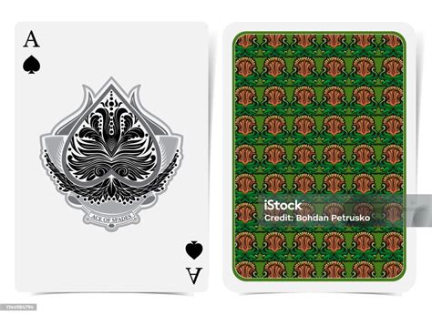 스페이드의 에이스는 스페이드 모양 프레임과 뒷면에 오렌지 녹색 꽃 패턴으로 어두운 소송에 꽃 패턴으로 얼굴 벡터 카드 템플릿 0명에 대한 스톡 벡터 아트 및 기타 이미지