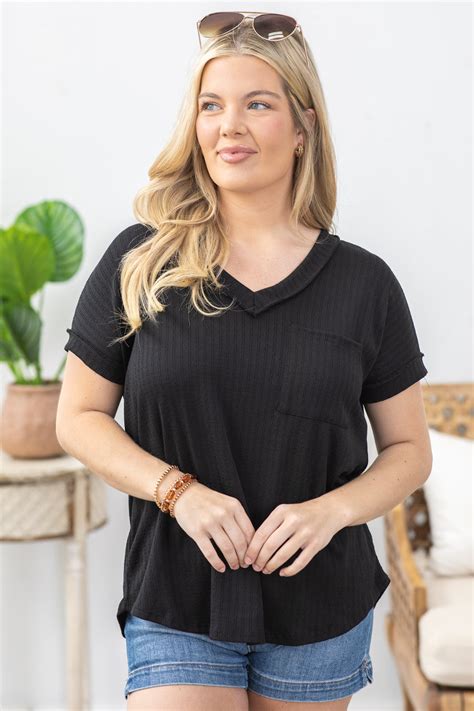 Black Textured Knit Top With Pocket · Filly Flair