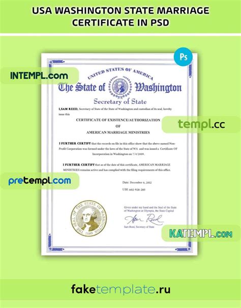 Usa Washington State Marriage Certificate Psd Download Template