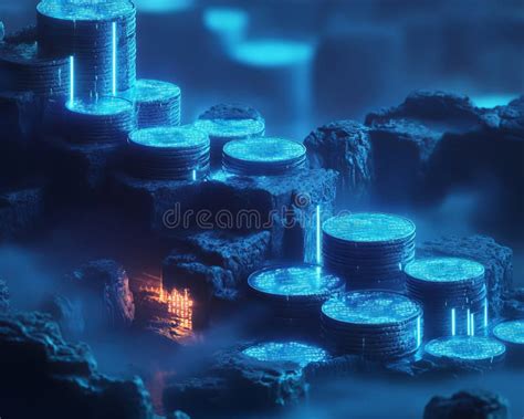 Blue Toned Visualization Of Digital Coins Representing Economic Growth