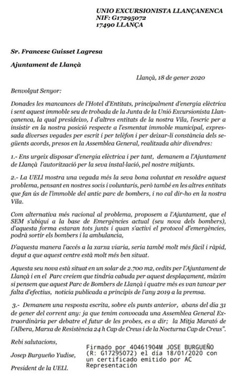 Carta del president de la UELL a lalcalde Unió Excursionista Llançanenca