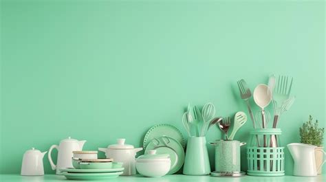 Green And White Kitchenware Including Plates Teapots And Utensils